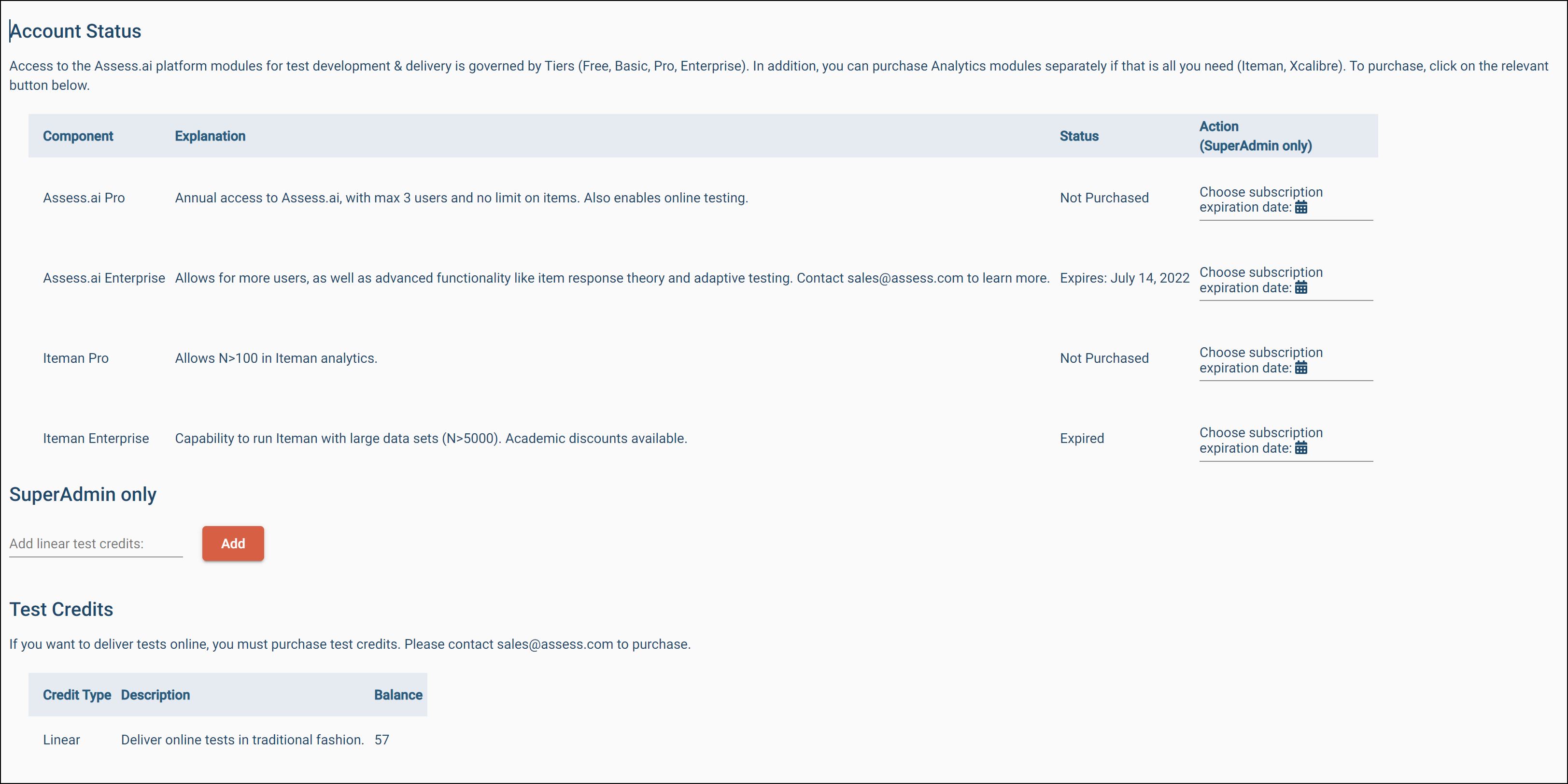 Test Credits – Assessment Systems
